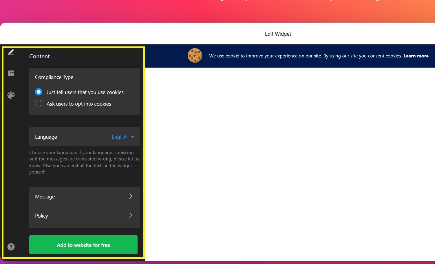 Adding a GDPR Cookie widget snippet Adding a GDPR Cookie widget snippet
