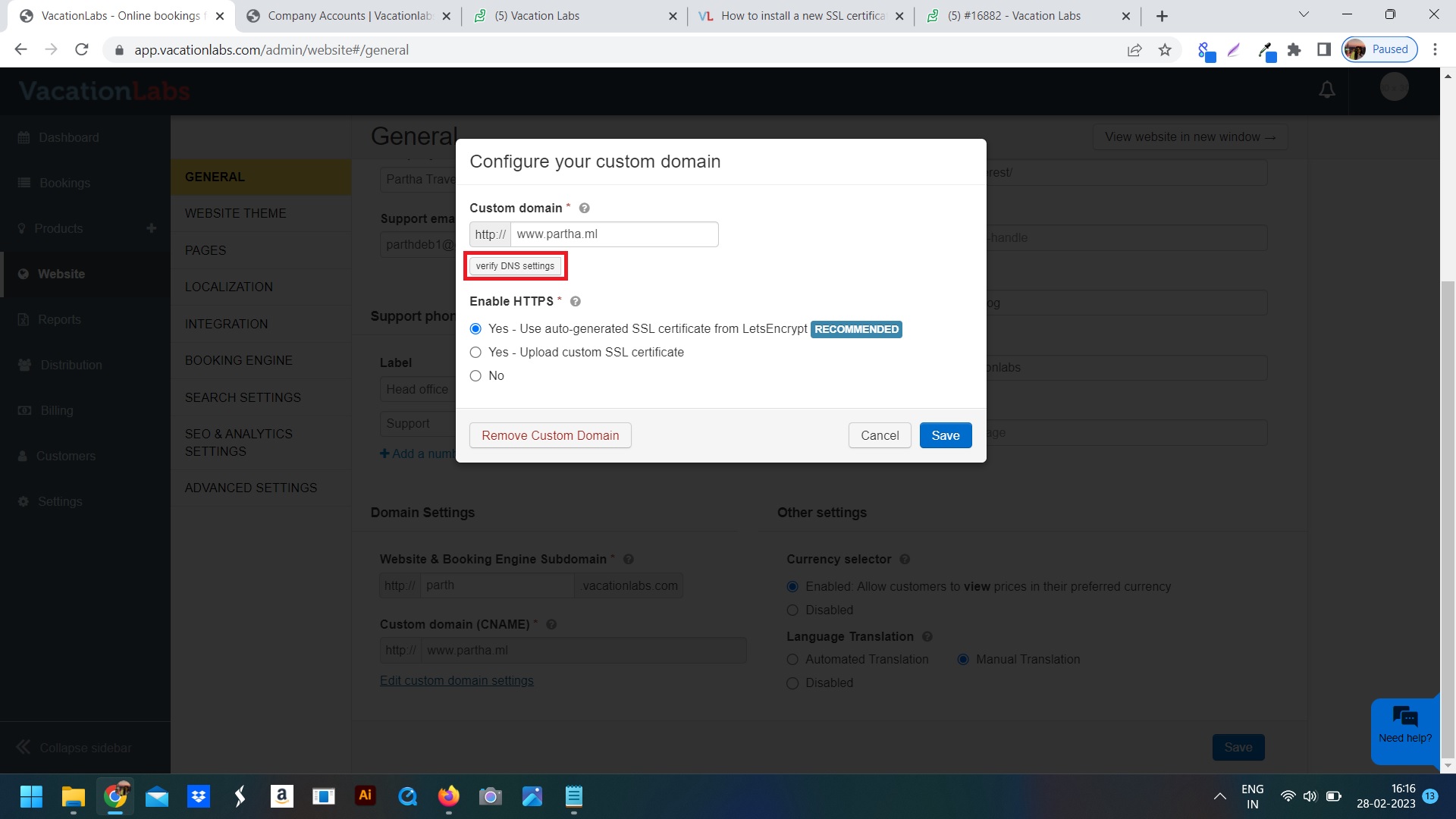Configuring the Let's Encrypt SSL Certificate on your Vacation Labs website Configuring the Let's Encrypt SSL Certificate on your Vacation Labs website